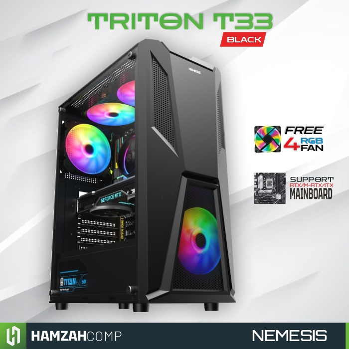 Jual Casing PC Gaming Nemesis Triton Black ATX Free 4 Fan RGB | Shopee ...