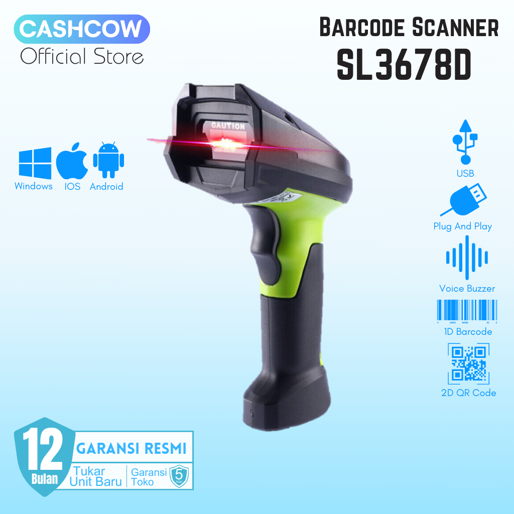 Jual Barcode Scanner 2D Laser USB QR Code Anti Shock Cashcow SL3678D ...