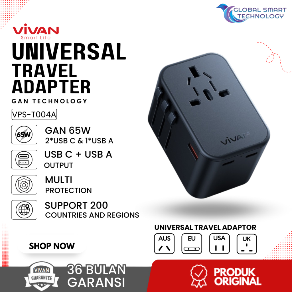 Jual VIVAN VPS-T004A Power Adapter Universal 65W GaN Technology Black ...