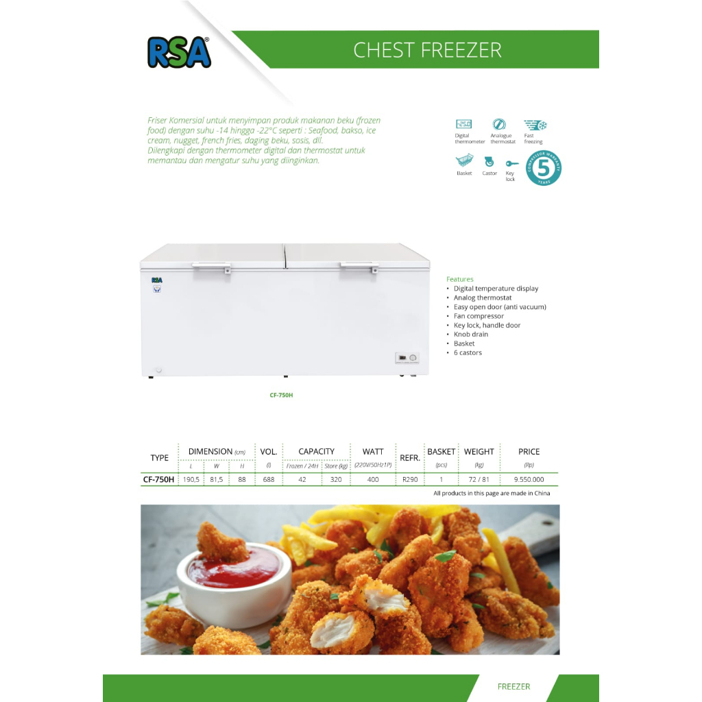 Jual Freezer Box RSA Chest Freezer CF-750H (688 L - 400 Watt ) | CF 750 ...