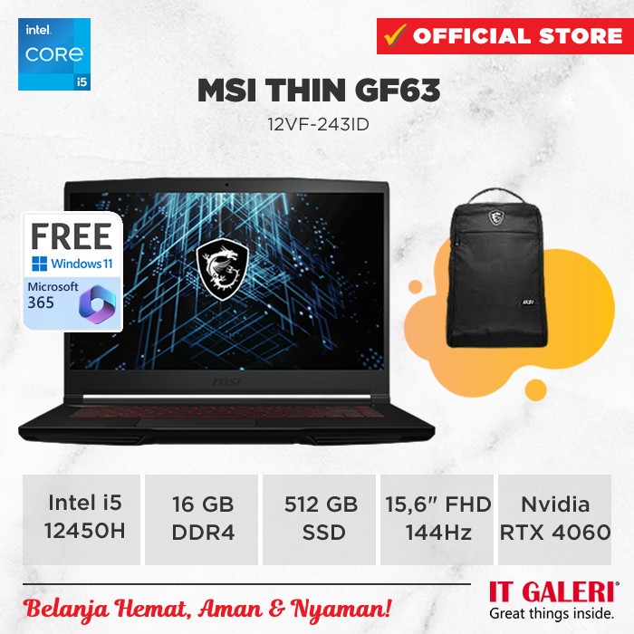 Jual MSI THIN GF63 12VF-243 CI5-12450H/2X8GB/512GB/RTX4060 8GB/15.6/WIN11/BLACK | Shopee Indonesia
