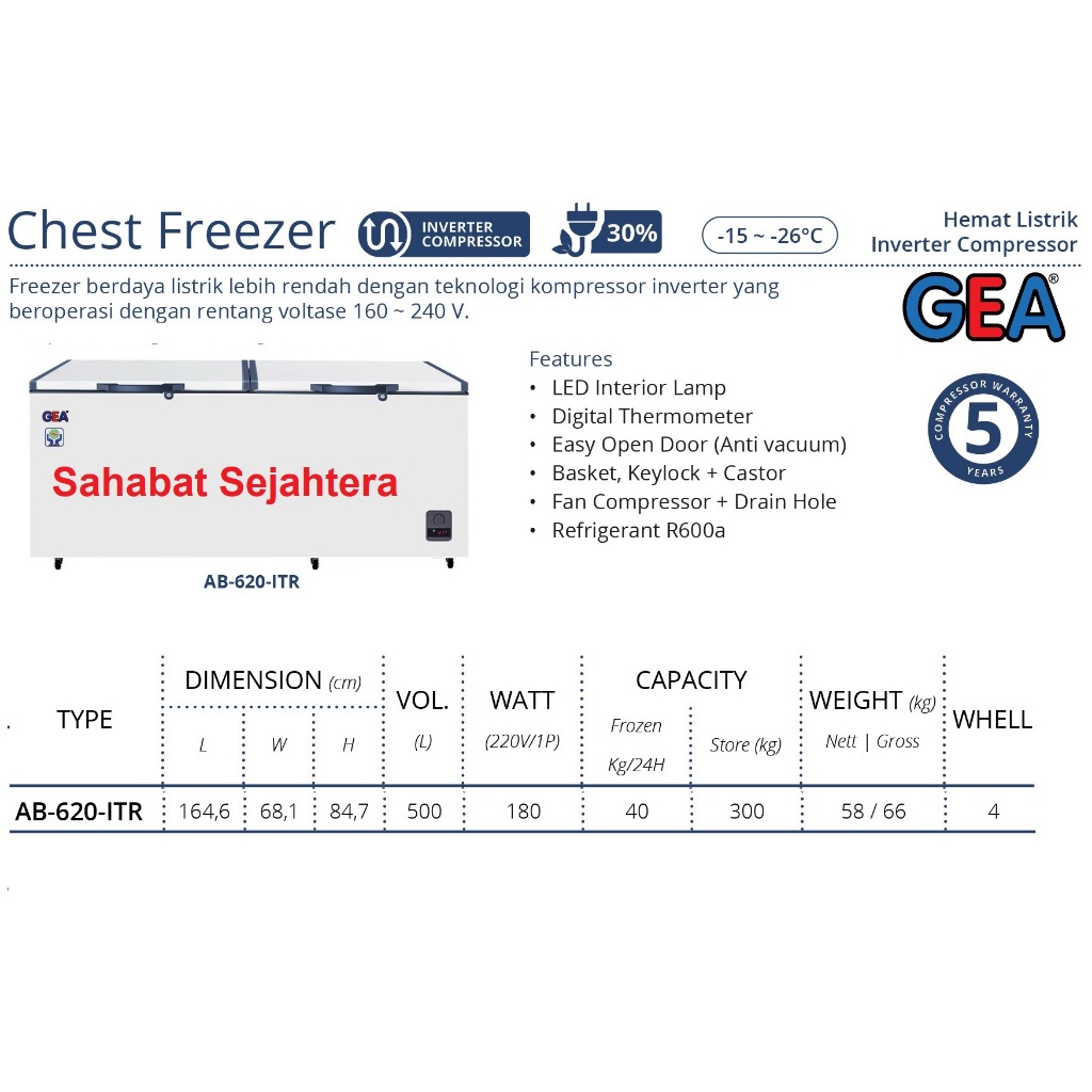 Jual Berat Sebenarnya Chest Freezer Kapasitas 500 L GEA TIPE AB-620-ITR Box Freezer | Shopee ...