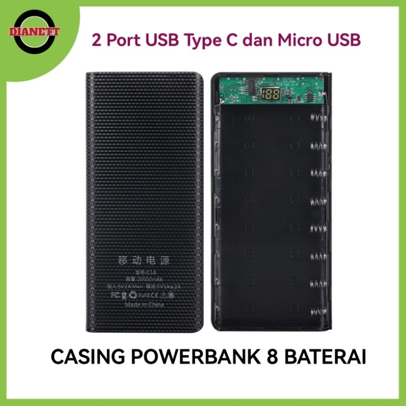 Jual Casing Powerbank 8 Baterai 2 Port USB Type C dan Micro USB ...