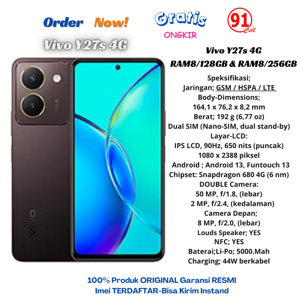 Jual Vivo Y27S 4G NFC RAM8+8/128GB & RAM8+/256GB GARANSI RESMI 1 TAHUN | Shopee Indonesia