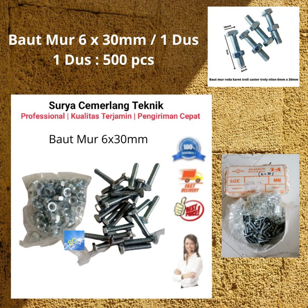 Jual Mur baut Galvanis Baut mur Galvanis 6mm x 30mm/ 1 dus : 500pcs ...