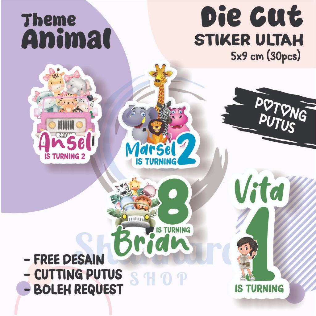 Jual ( 30 PCS ) Stiker Ulang Tahun Anak THEME ANIMAL / Stiker Ulang ...