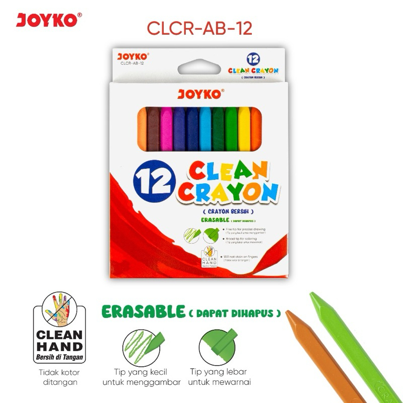 Jual KRAYON BERSIH DAPAT DI HAPUS CLEAN CRAYON ERASABLE JOYKO 12 WARNA ...