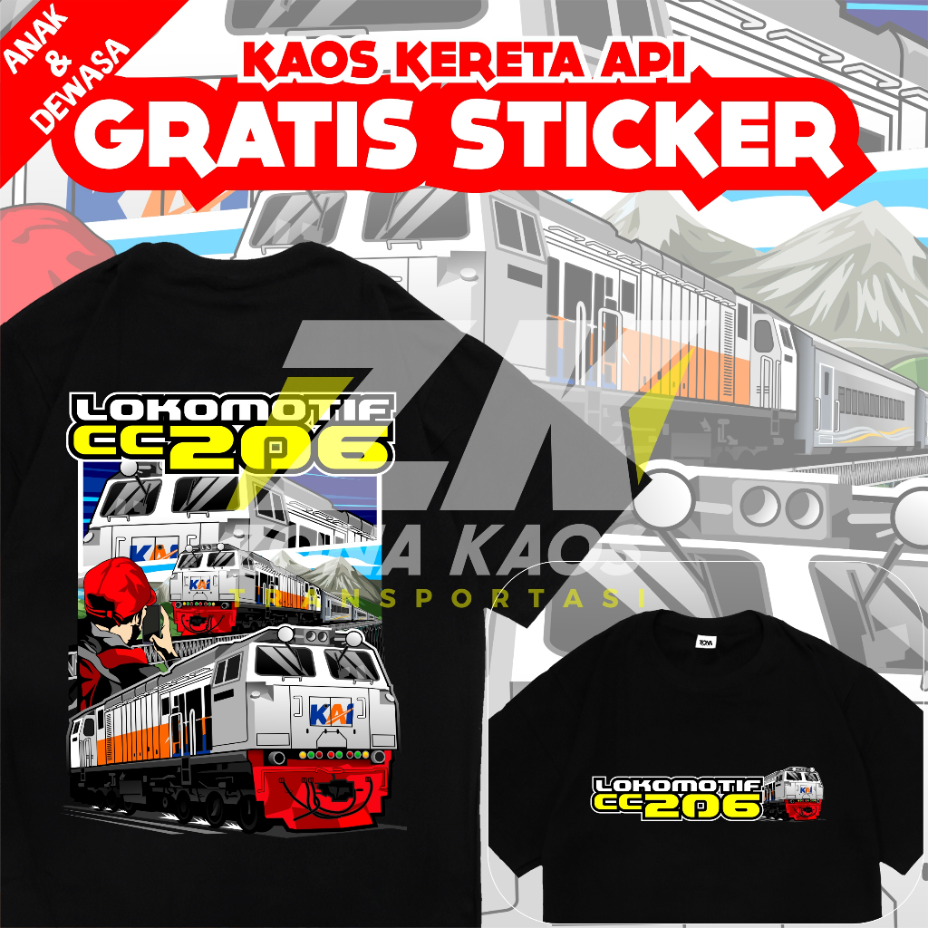 Jual ( FREE STIKER ) KAOS KERETA API LOKOMOTIF CC 206 ANAK DAN DEWASA - BAJU KERETA API KAI ANAK ...