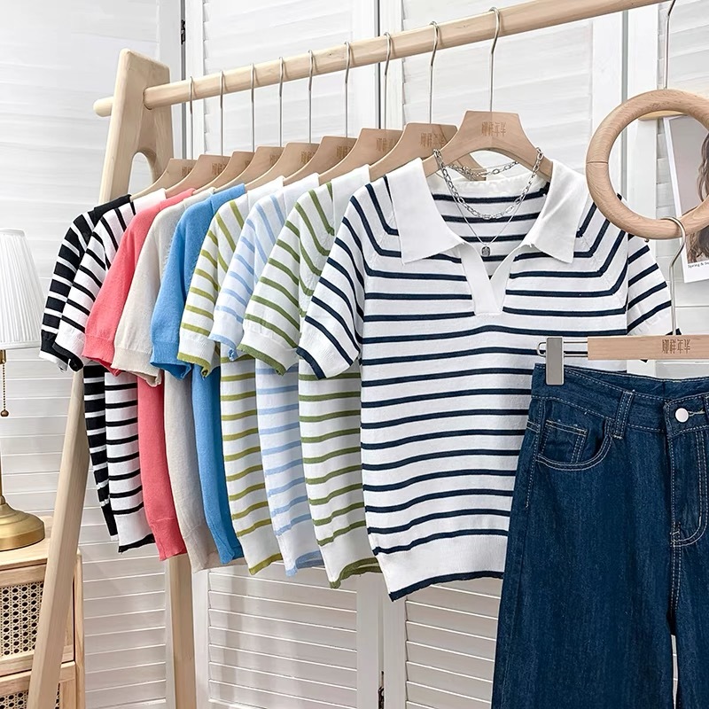 Jual XIAOZHAINV Atasan Rajut Kerah Salur | Baju Crop Rajut Belang ...