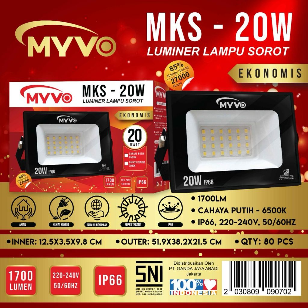 Jual Myvo Kap sorot 20 Watt MKS 20 W Lampu LED Flood Light Indoor/Outdoor Tahan Cuaca | Shopee ...