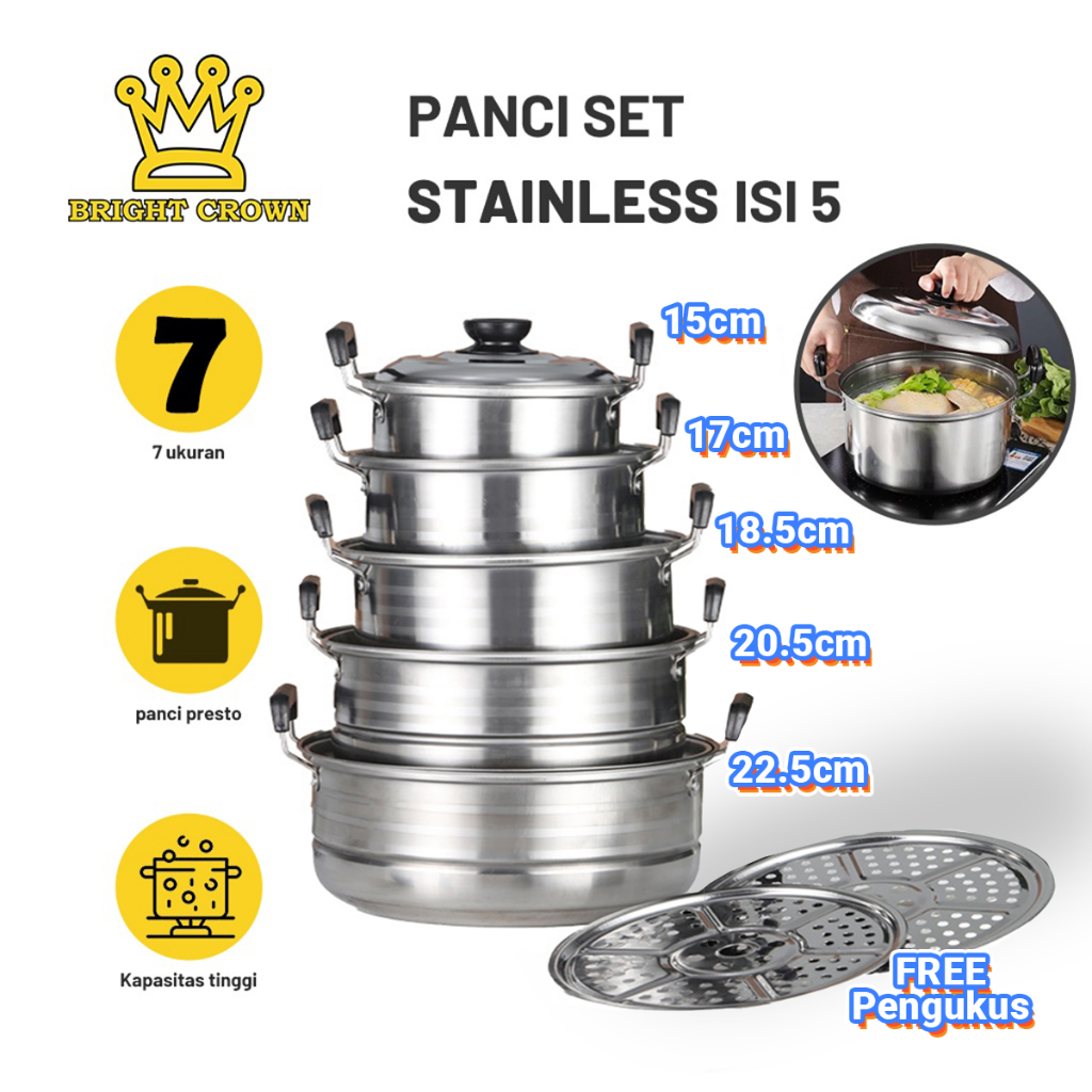 Jual Bright Crown 12in1 Panci Steamer Set Stainless isi 5 pcs + 2pcs ...