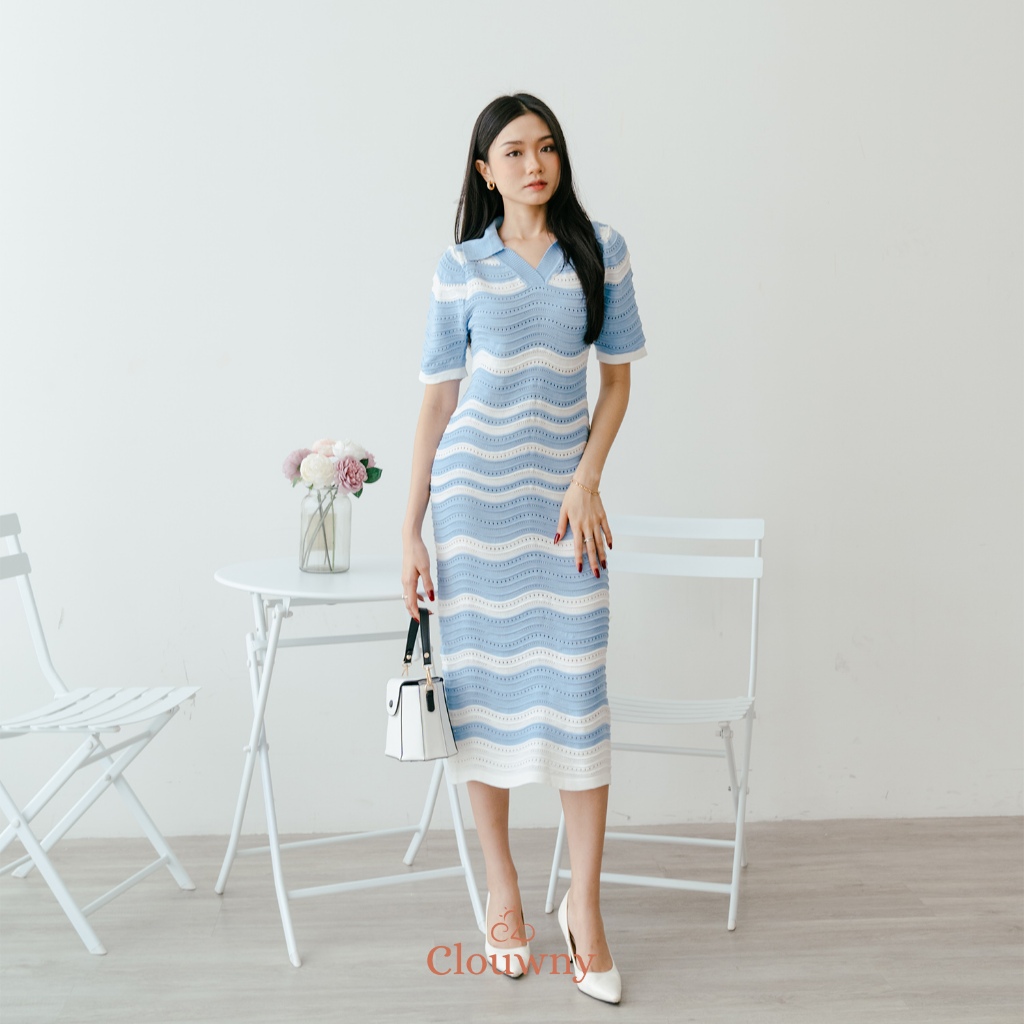 Jual Clouwny Nely Stripes Long Dress Wanita Dress Premium Knit | Shopee ...