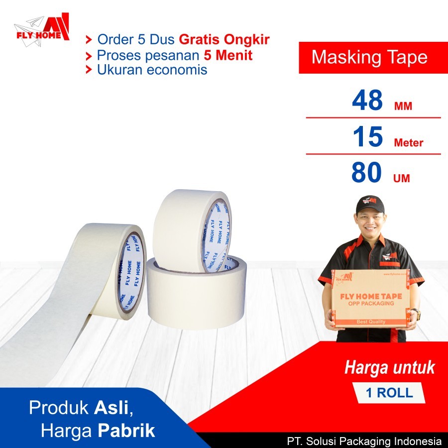 Jual FLYHOME Lakban kertas 48mm x 15meter 1 roll masking tape ukuran ...