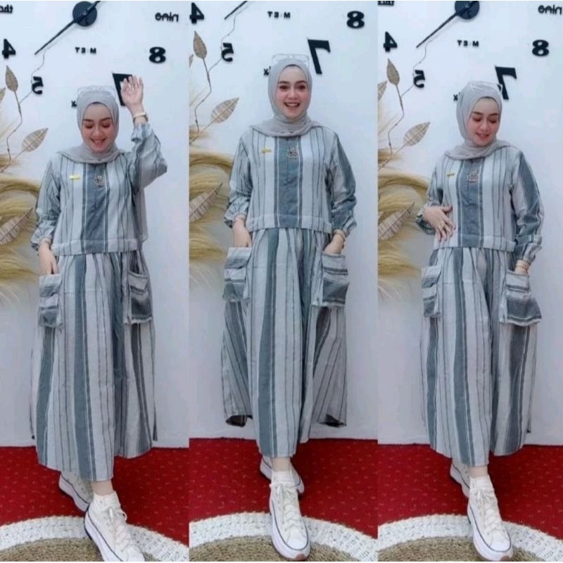Jual KORINA MIDI DRESS BAHAN KATUN MOTIP GARIS | Shopee Indonesia