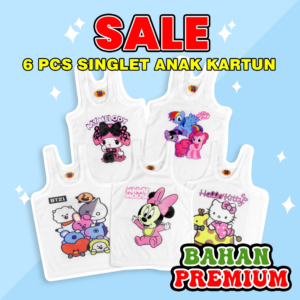 Jual 6PCS Singlet Anak Perempuan Motif Sablon Karakter Kartun Lucu ...