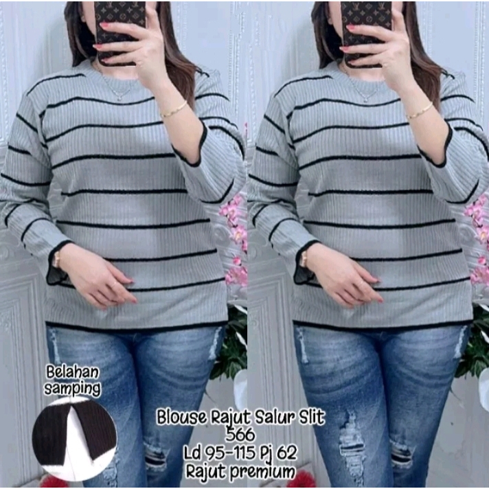 Jual Blouse Rajut Wanita Strip Kecil Salur Premium Tangan Panjang ...