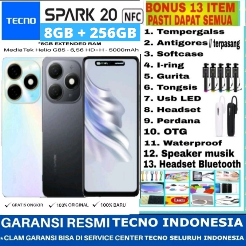 Jual TECNO SPARK 20 NFC 8/256GB (8GB + 8GB*/256GB ) SPARK 20c NFC 8/128 4/128 GB GARANSI RESMI ...