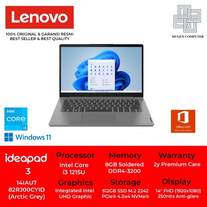 Jual Lenovo IdeaPad 3 14IAU7 CYID i3-1215U ram 8GB ssd 512GB 14" FHD W11 OHS | Shopee Indonesia