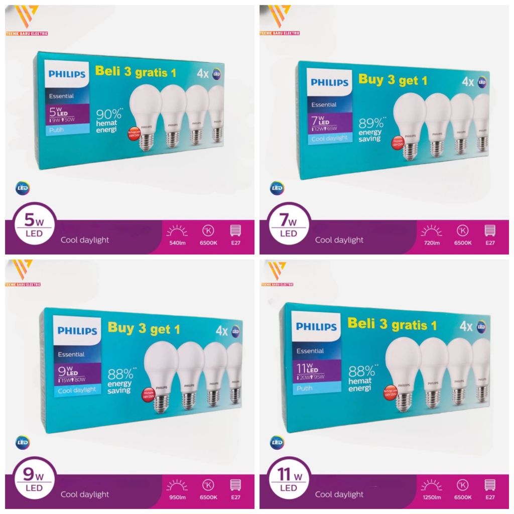 Jual LAMPU PHILIPS MULTIPACK LED BULB ESSENTIAL 5W 7W 9W 11W 6500K PUTIH BOHLAM PAKET BELI 3 ...