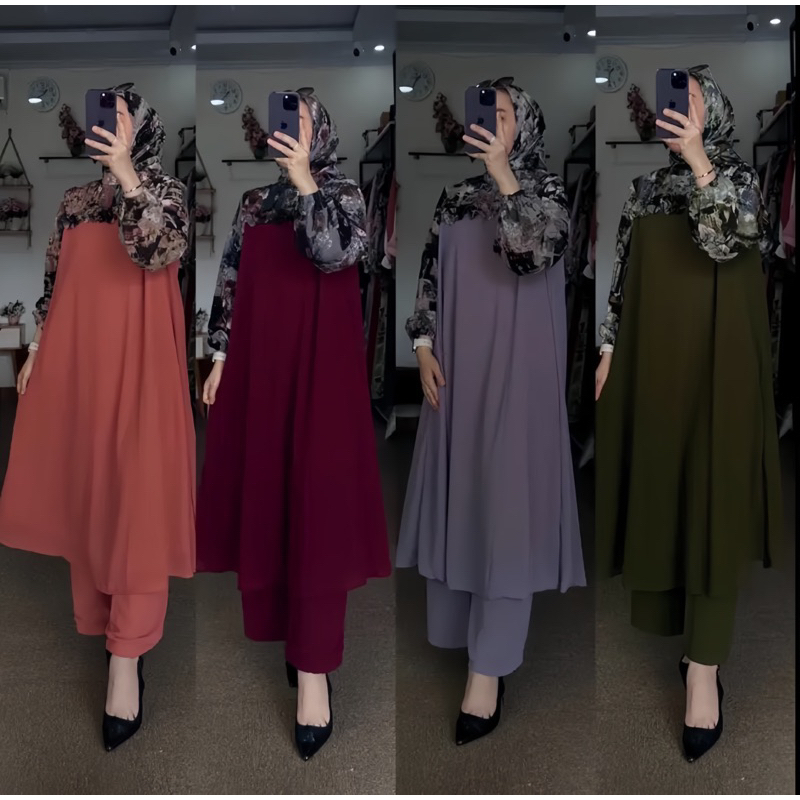 Jual Oneset long tunik set hijab ruby kombinasi tunik panjang wanita ...