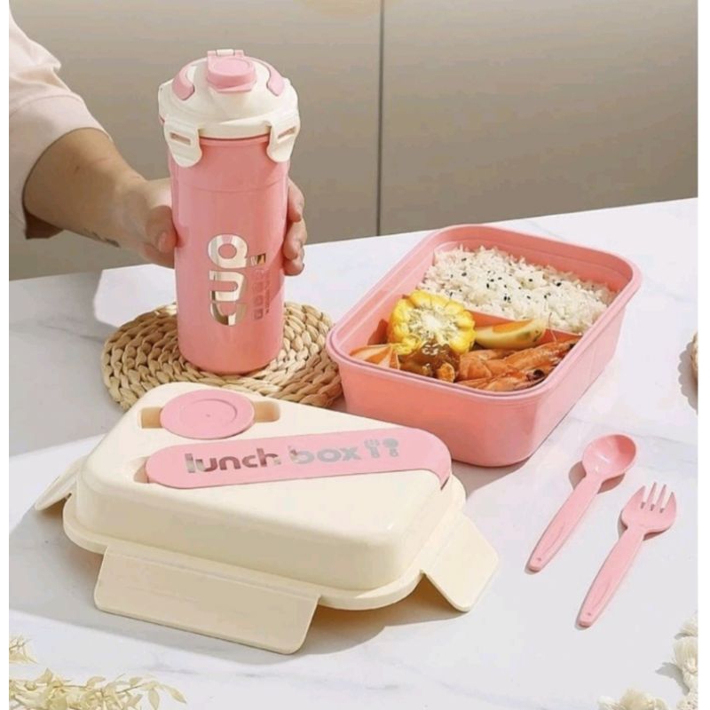 Jual Lunch Box Satu Set/Tempat Makan Satu Set 2 Sekat Free Tempat Sambal Anti-Tumpah | Shopee ...