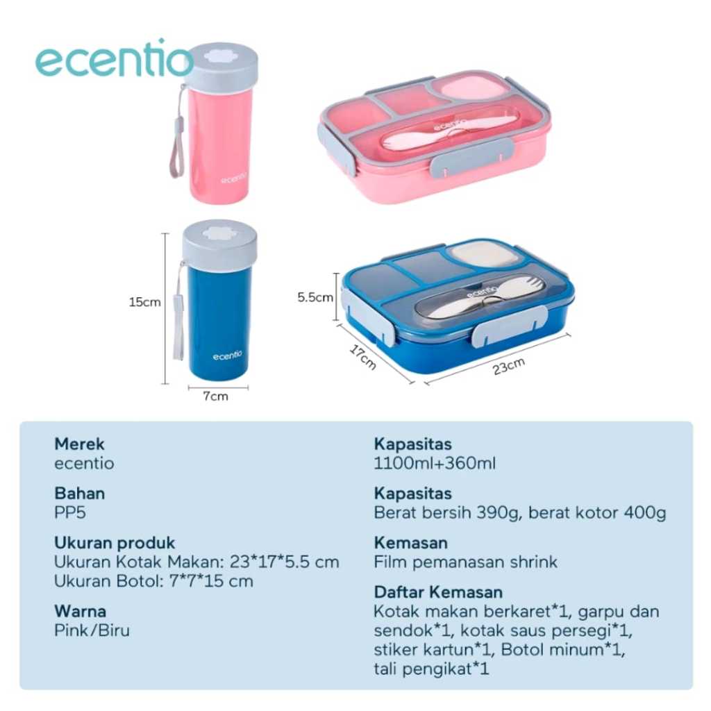 Jual ECENTIO Kotak Bekal Makan Set 1100ml sekat 4 dengan sticker BPA free lunch box set Gratis ...