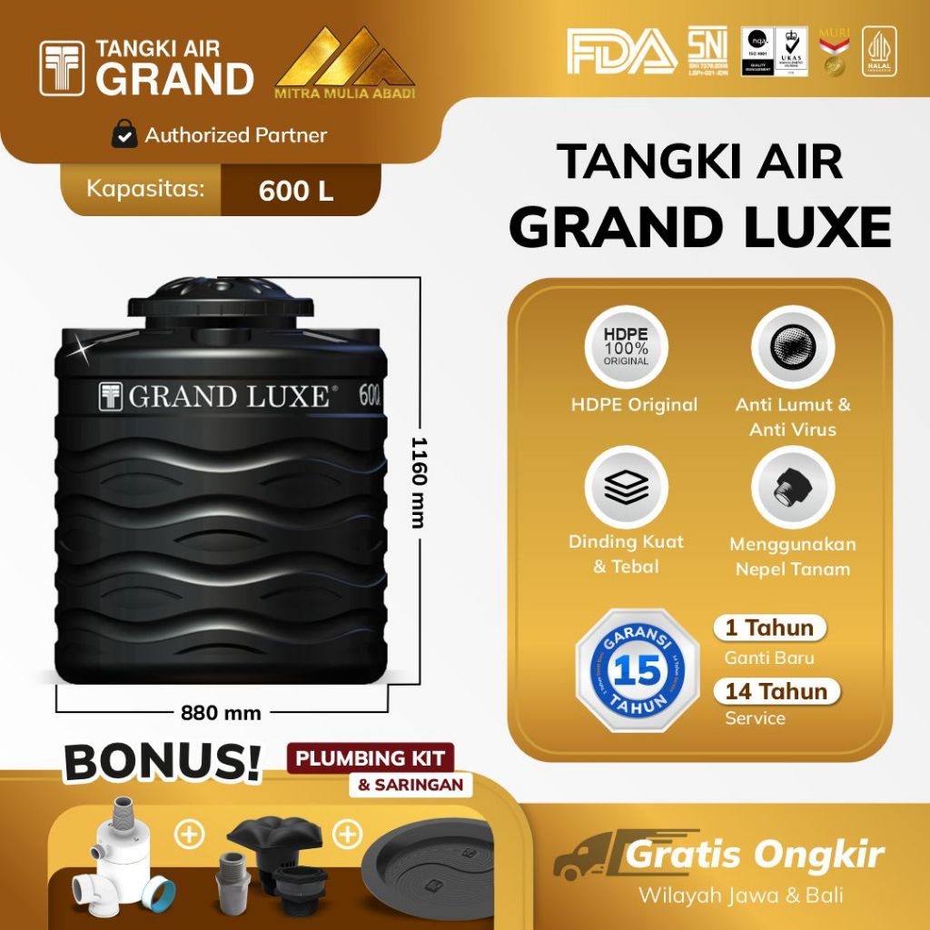 Jual Tandon Toren Tangki Air Grand Luxe 600 L Anti Lumut Sertifikasi ...