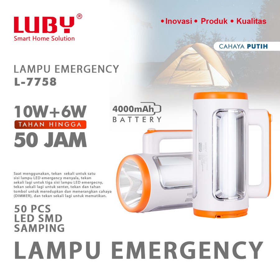 Jual Luby Lampu Emergency/Senter LED Super Terang 2 in 1 3 Sisi 50 SMD LED + 1LED L-7758 ...