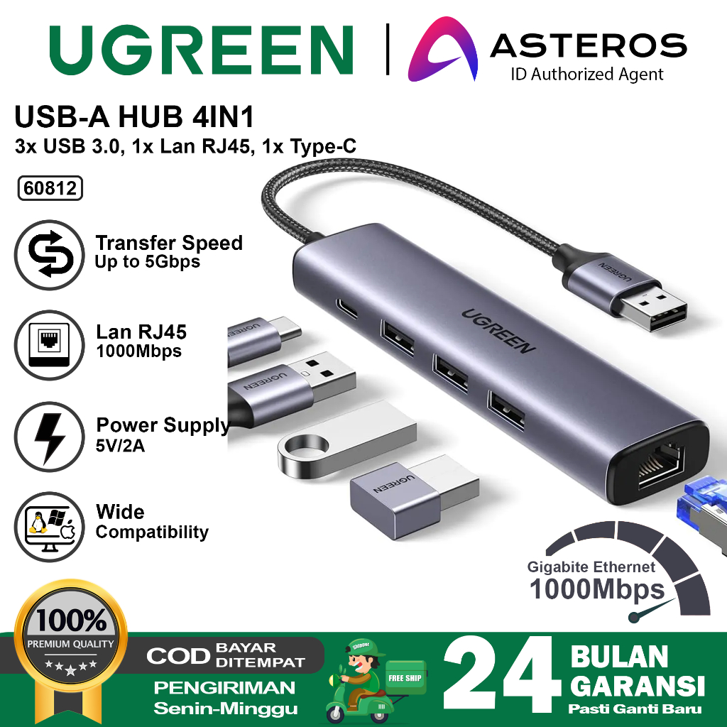 Jual UGREEN Hub USB 3.0 4 Port With Lan RJ45 Gigabit Ethernet Adapter ...