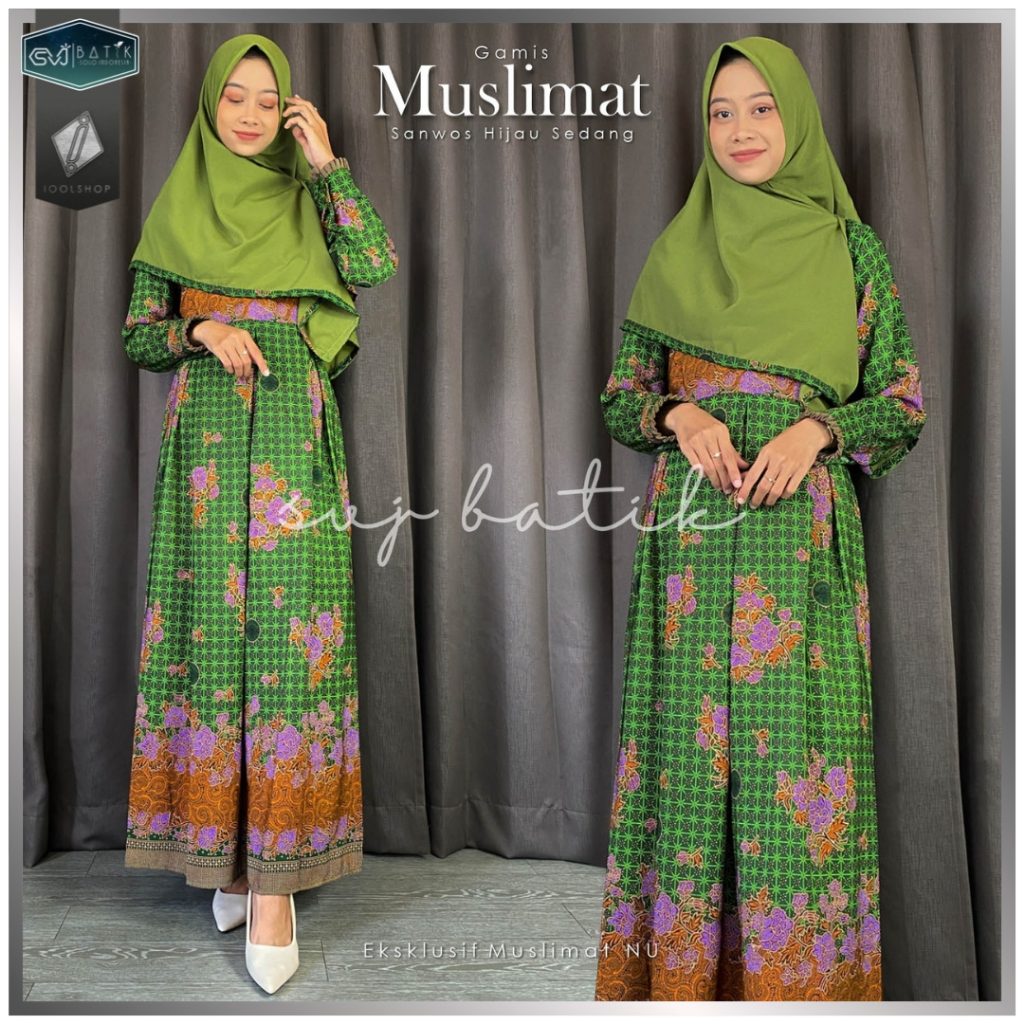 Jual GAMIS SANWOS MUSLIMAT NU 2024 DRESS BATIK HIJAU PENGAOSAN SERAGAM ...