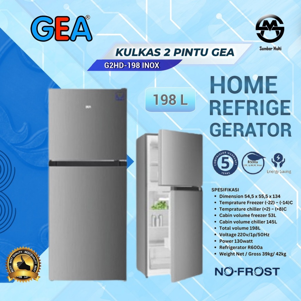 Jual GEA G2HD-198 Kulkas 2 Pintu Inox 198 L / Top Mount Fridge Freezer - No Frost Top Freezer ...