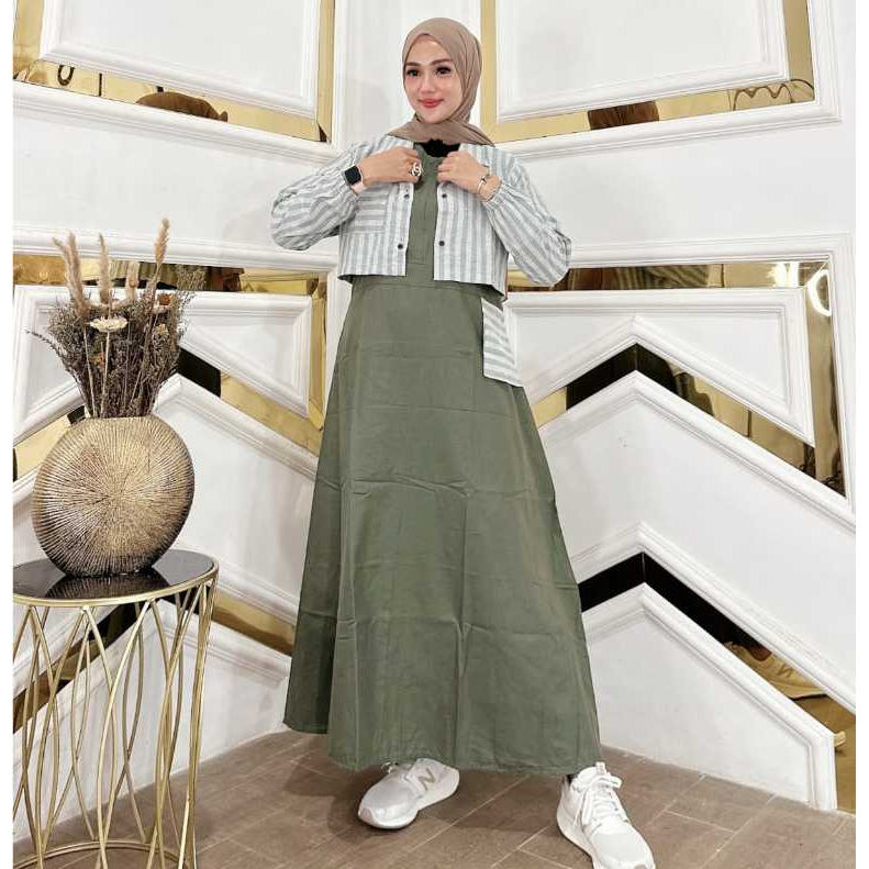 Jual Misaki Gamis Set Rompi Kemeja Motif Salur Fashion Muslim Wanita Kekinian | Shopee Indonesia