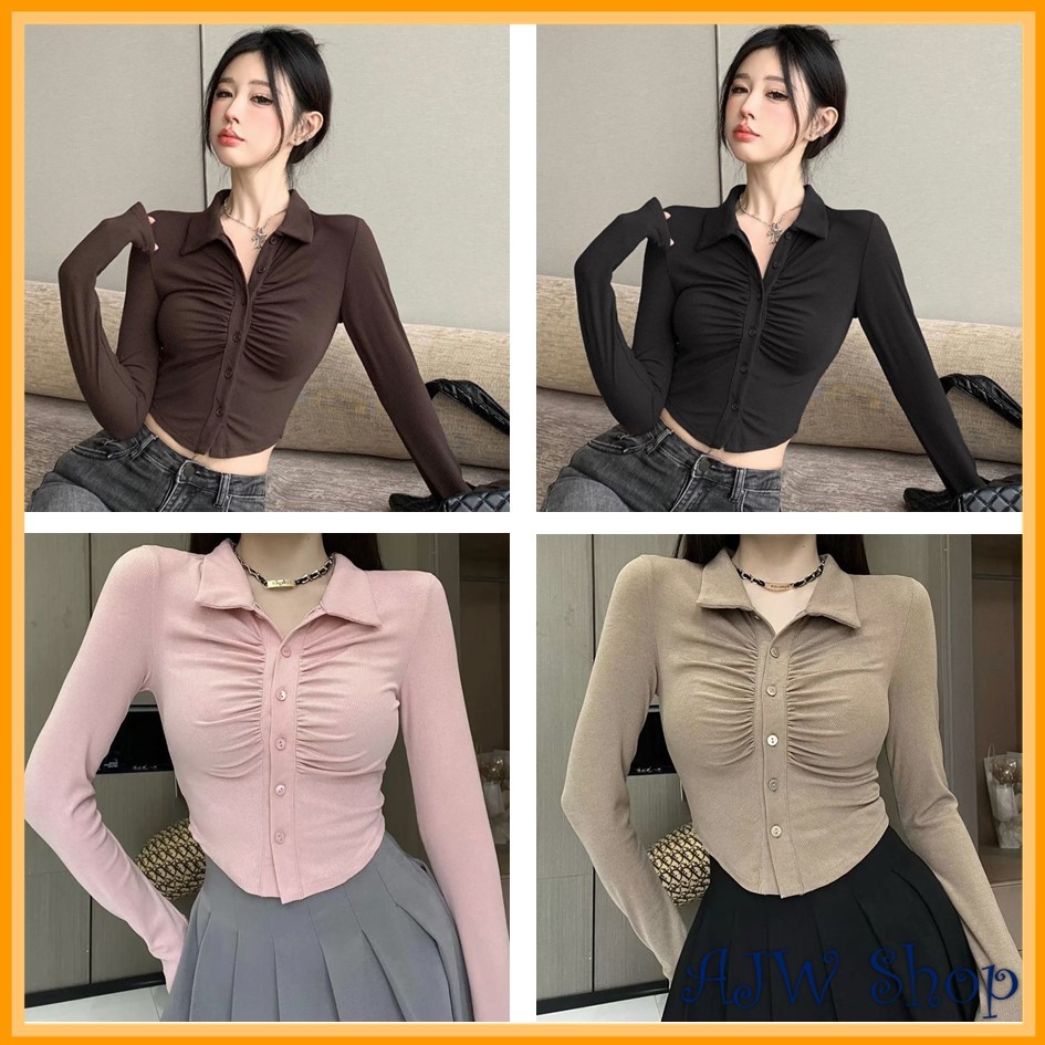 Jual AJW Atasan Wanita Knit Crop Top Serut Lengan Panjang XCW | Kemeja Crop Serut Rajut Lengan ...