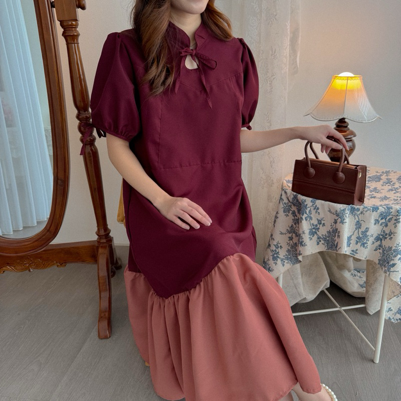 Jual KANON - Xiao Dress - Dress midi warna kombinasi model qipao modern ...