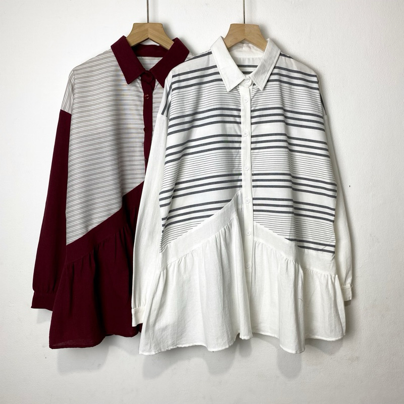 Jual Laura Blouse Kombinasi Kemeja Rempel Salur Linen Oversize | Shopee ...