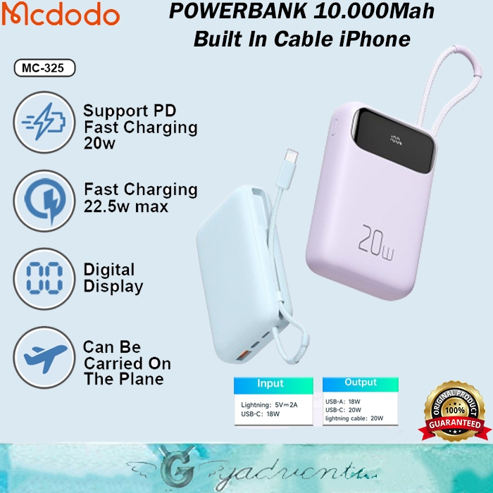 Jual Mcdodo MC-325 Powerbank 10000mAh PB USB A + USB Type C Output ...