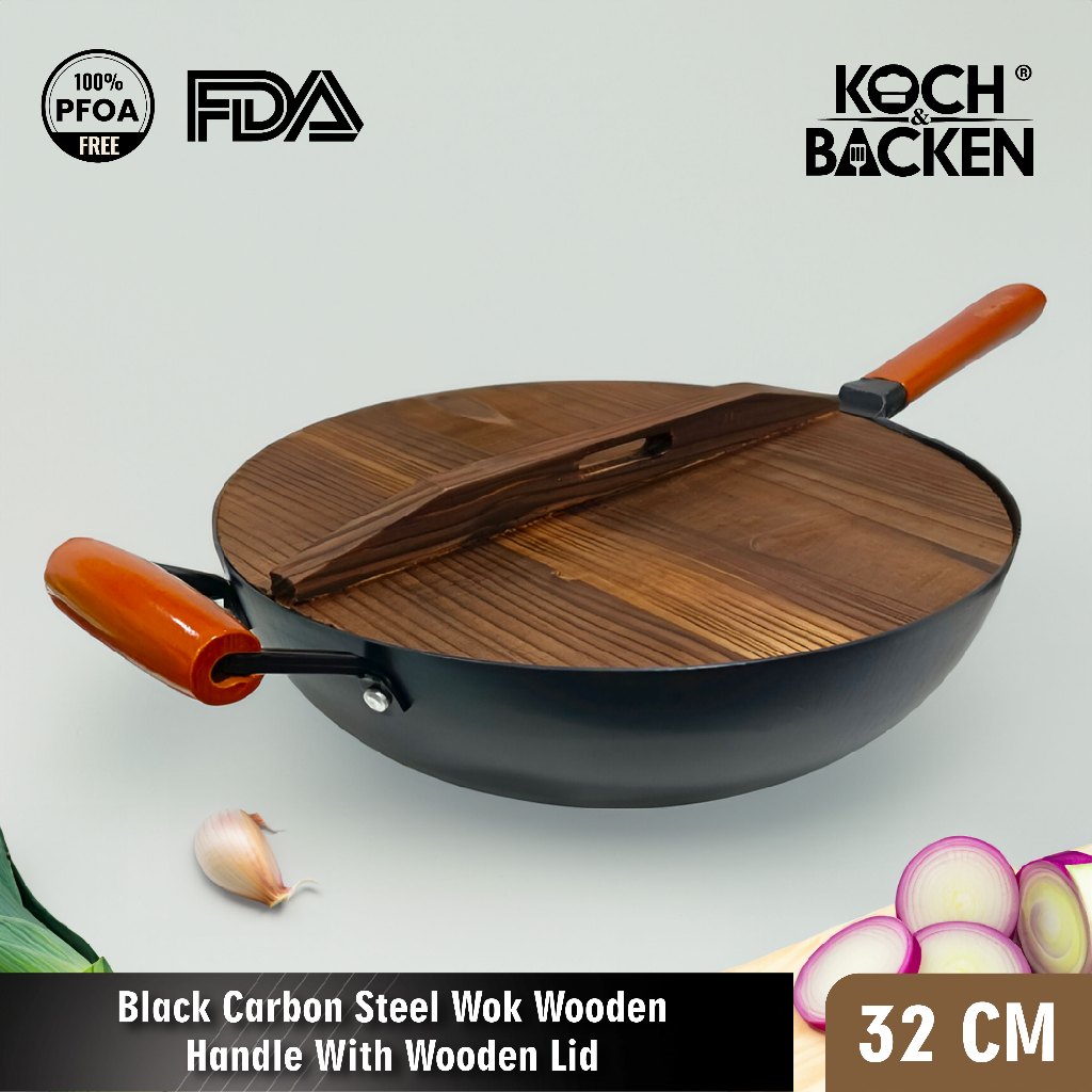 Jual KOCH&BACKEN Black Carbon Steel Nitrding Deep Fry 32cm + Wooden Lid ...