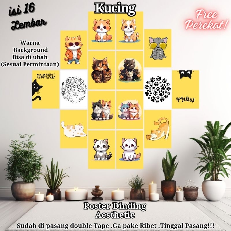 Jual A4 Poster Dinding Aesthetic Kucing Free Perekat (isi 16 Lembar ...