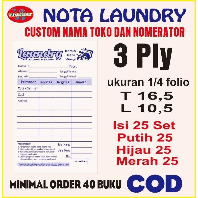 Jual nota laundry CUSTOM nama toko dan nomer urut .3 ply ukuran 1/4 ...