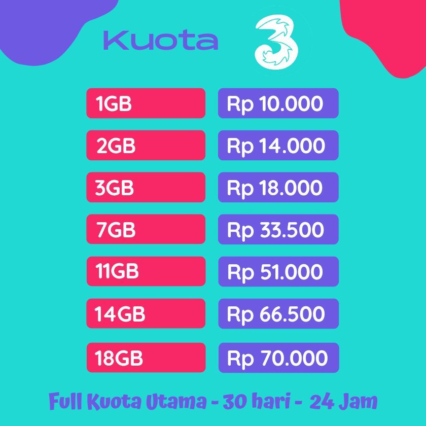 Jual Kuota Tri 1GB, 2GB, 3GB, 7GB, 11GB, 14GB, 18GB | Full Kuota Utama 28 hari 24 jam | Paket ...