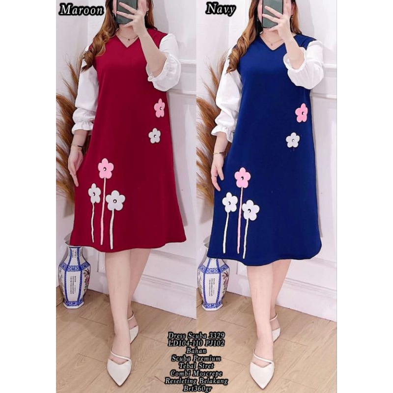 Jual Dress 3329 lengan panjang*Motif 5 bunga*Mat : Full Scuba Import ...