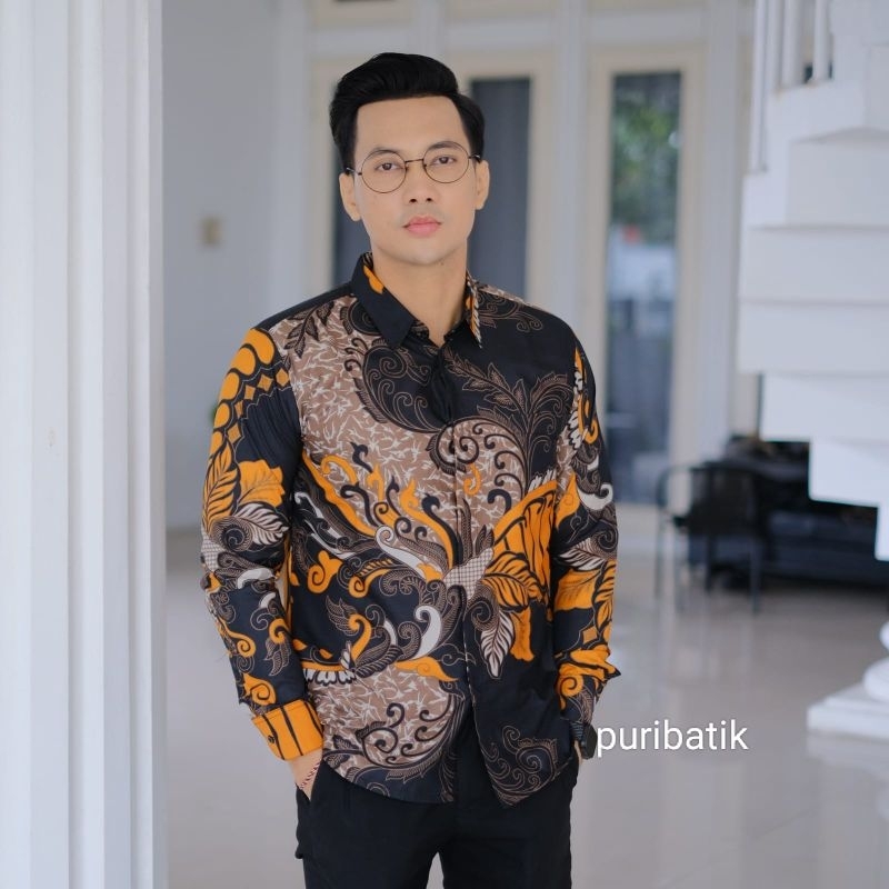 Jual Batik lengan panjang pria Narendra kuning hitam cream slimfitt katun | Shopee Indonesia