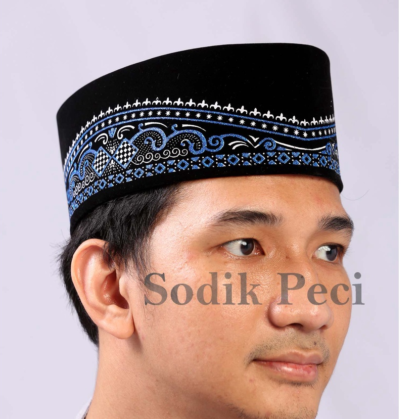 Jual Peci hitam polos beludru batik biru kopiah songkok nasional dewasa dan anak tinggi 9cm ...