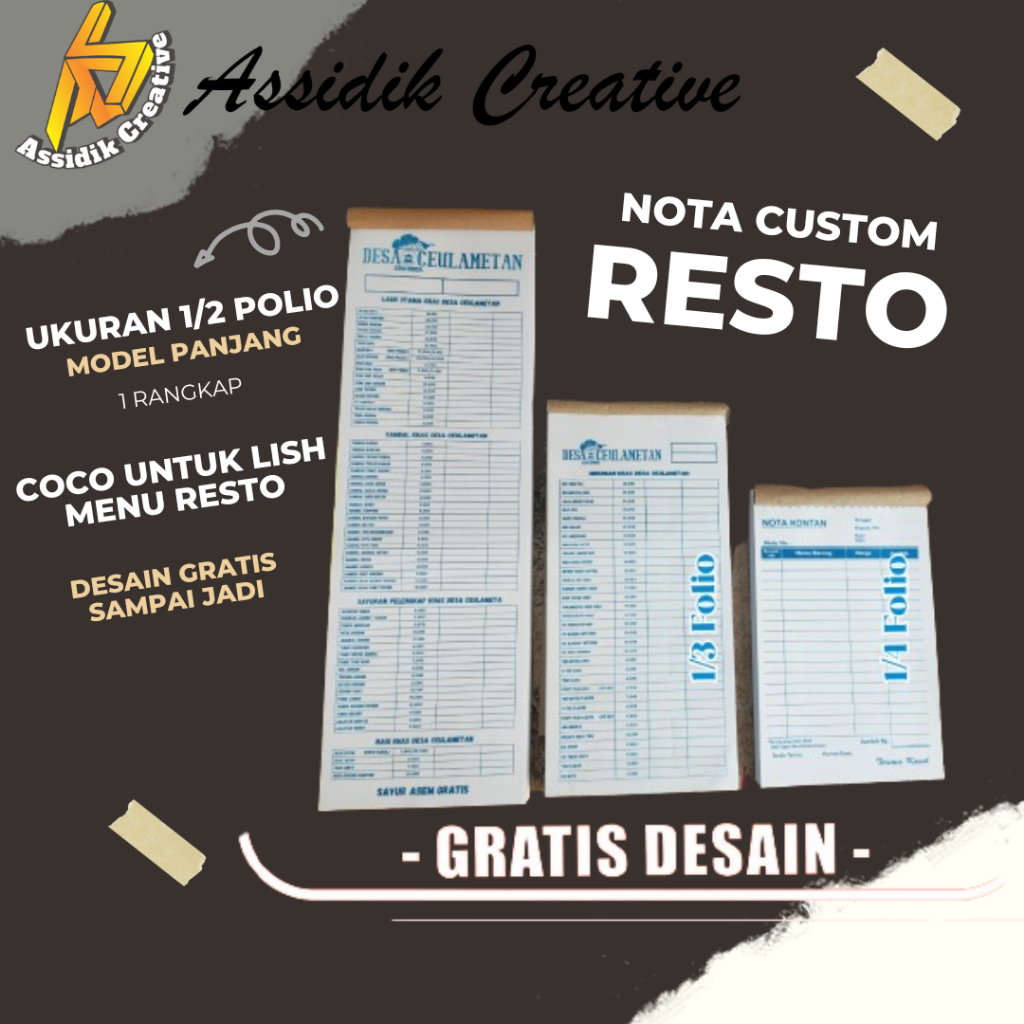 Jual Nota Custom Restoran Nota List Menu Resto 1/2 Polio Model Panjang ...