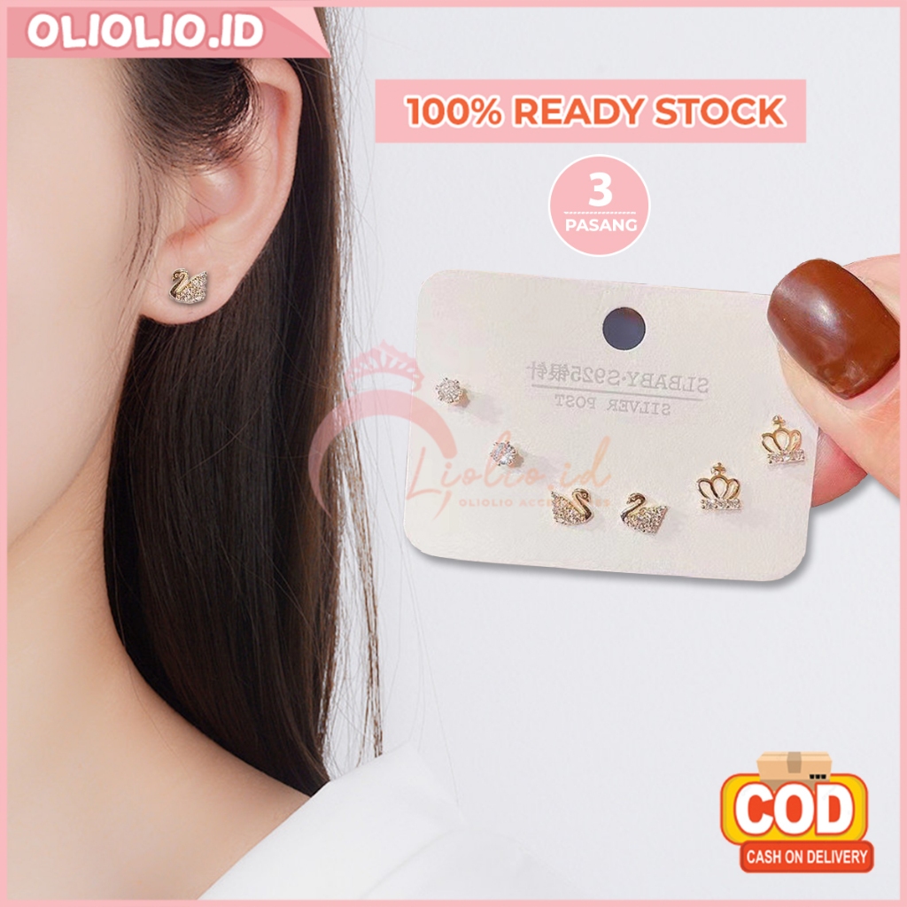 Jual Anting Korea Wanita Model Mahkota Angsa Aksen Zircon Set 3 Pcs ...