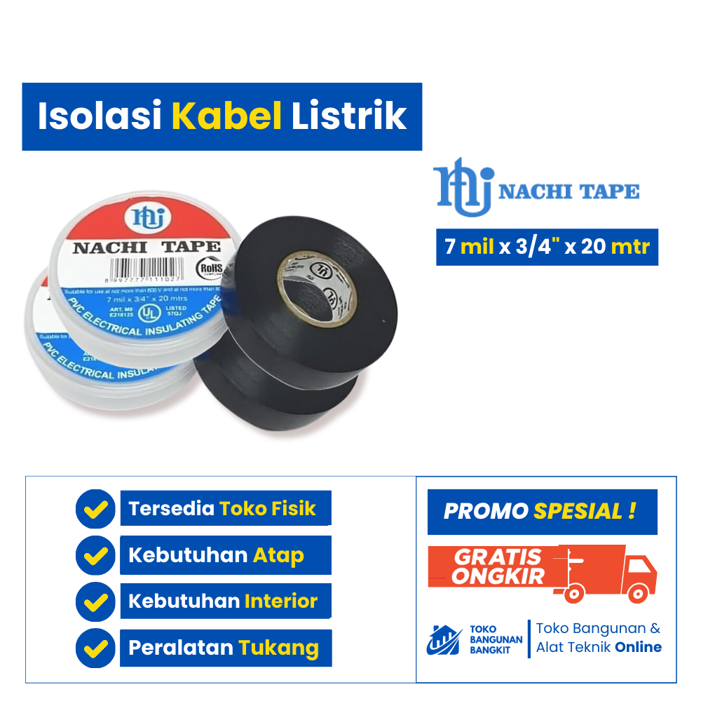 Jual Isolasi Kabel Listrik PVC Nachi Tape Hitam 7 mil x 3/4 inch x 20 ...
