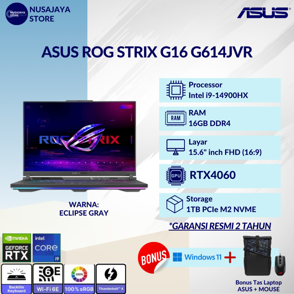 Jual ASUS ROG STRIX G16 G614JVR I9 14900HX 16GB 1TB RTX4060 16" QHD W11 ...