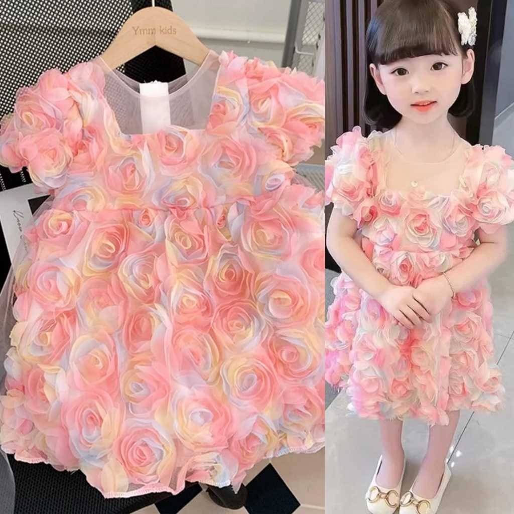 Jual (1-7th) Dress bunga 3D rainbow anak import gaun pesta flower ...