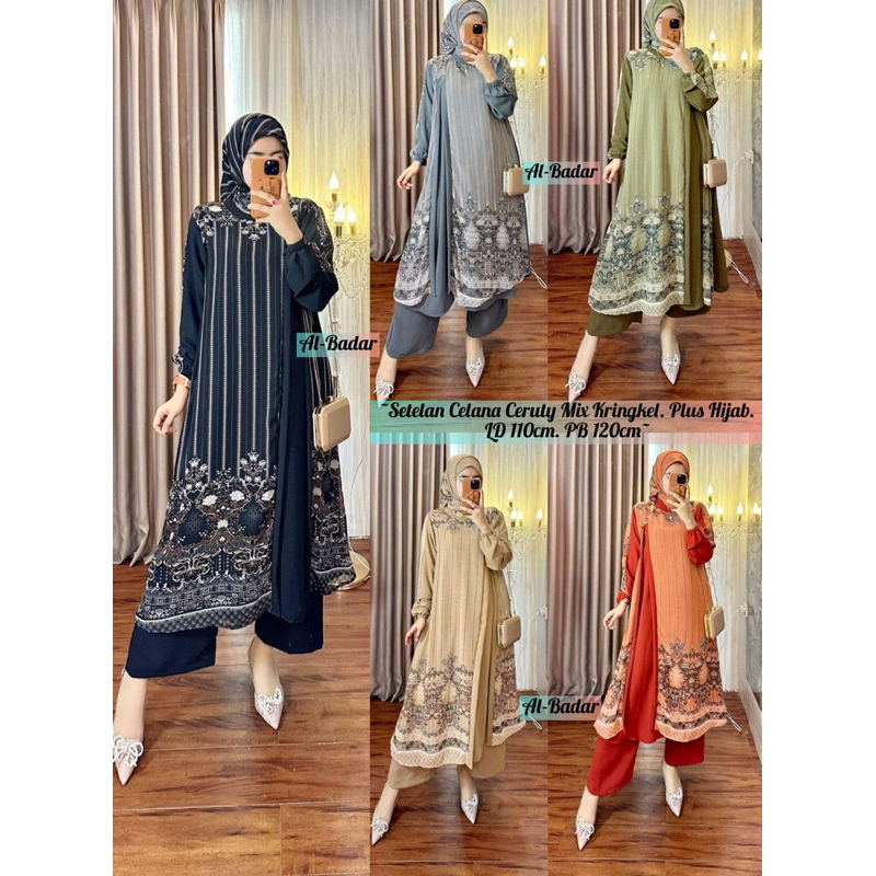 Jual SETELAN LONG TUNIK BAHAN CRINGKLE MIX CERUTY // SETELAN LONG TUNIK SET HIJAB | Shopee Indonesia