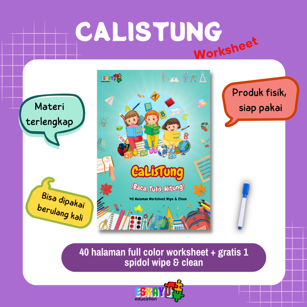 Jual CALISTUNG (Baca Tulis Hitung) Worksheet wipe & clean untuk balita ...